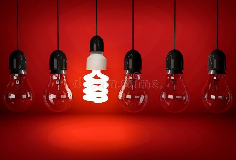 Glowing Eco Saving Bulb Hanging on Wire in Row of Incandescent B Stock ...