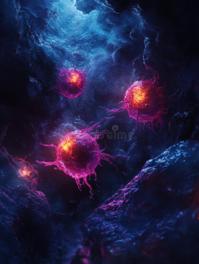 Glowing Edges of Cancer Cells Illuminated in a Dark, Abstract ...