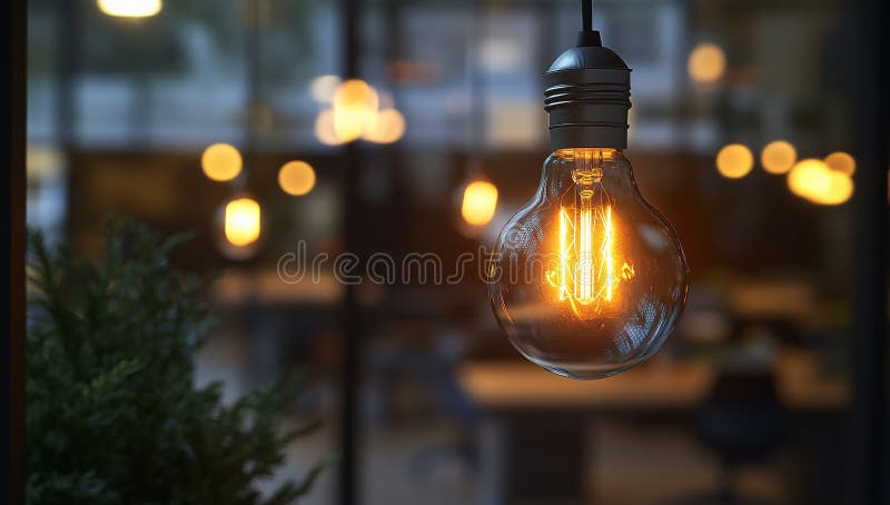 Glowing Edison Bulb Hanging in Modern Cafe Interior High Quality Image ...
