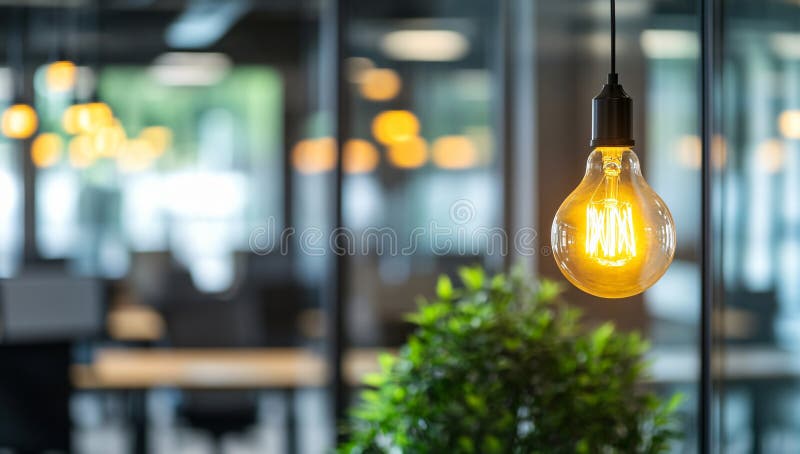 Glowing Edison Bulb in Modern Office Space High Quality Image Stock ...