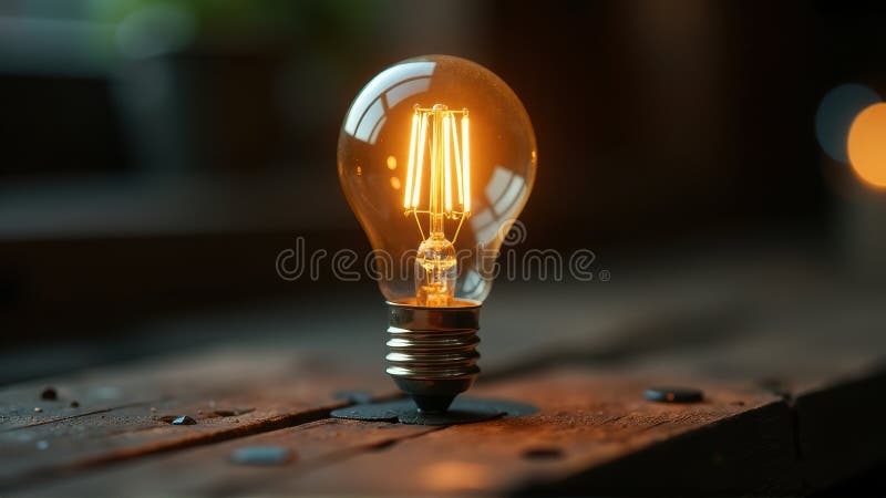 Glowing Edison Bulb on Rustic Wood Stock Illustration - Illustration of ...