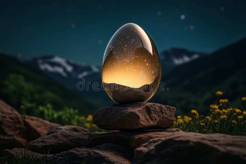 Glowing Egg on Rocks Under Starry Night Sky with Mountains in ...