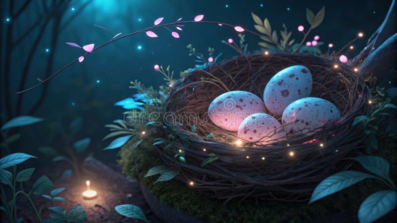 Glowing Eggs Resting in Nest during Magical Night in Enchanted Forest ...
