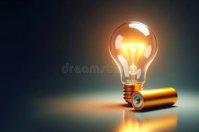 A Glowing Electric Bulb Next To the Battery. Space for Text. Stock ...