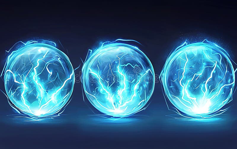 Glowing Electric Orbs with Dynamic Lightning Effects Against a Dark ...