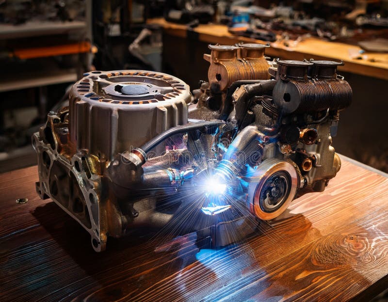 A Glowing Electric Vehicle Engine System Displayed beside a Rusted Gas ...