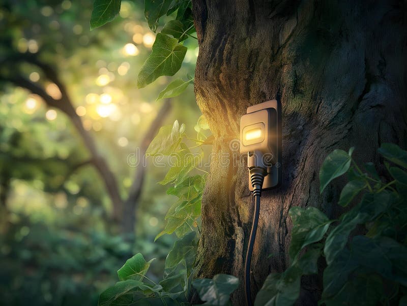 Glowing Electrical Outlet in a Tree in a Forest at Dusk Stock ...