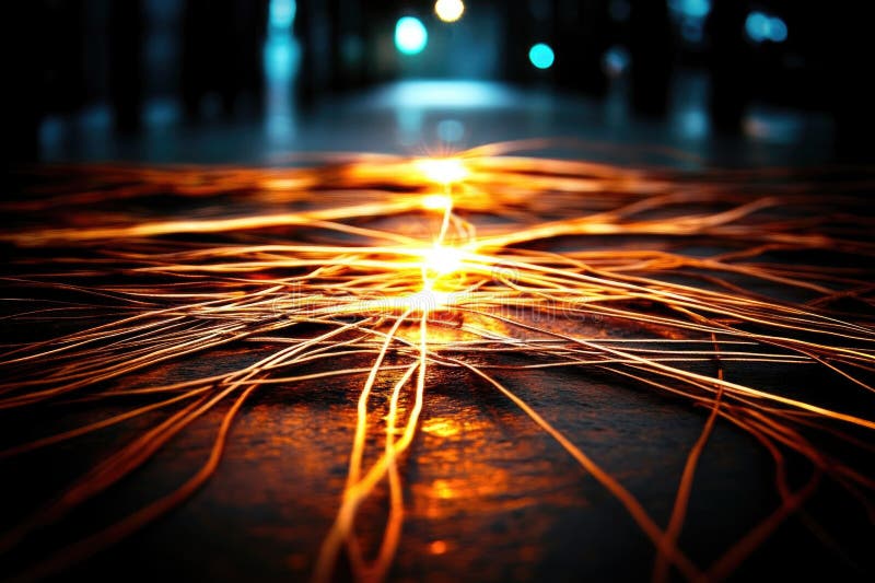 Glowing Electrical Wires in Dark Industrial Setting with Orange Light ...