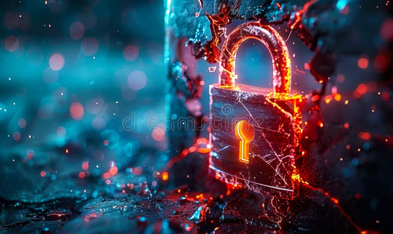 Glowing Electrified Padlock Surrounded by Fractal Energy Beams and ...