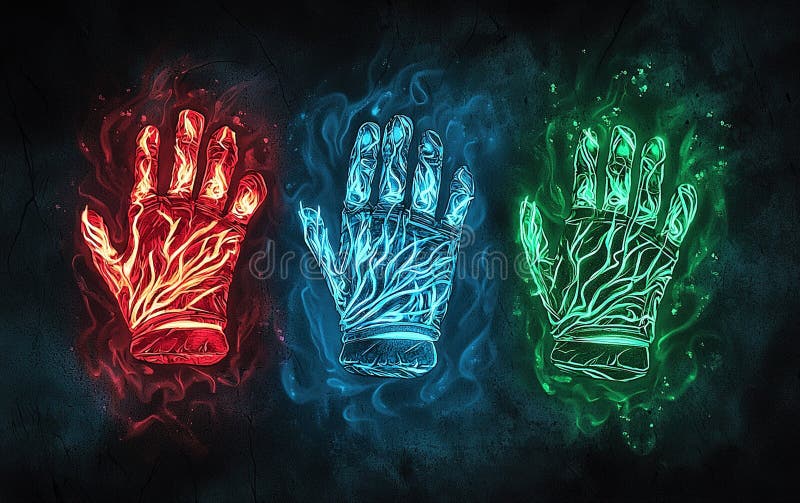 Glowing Elemental Gloves Representing Fire, Ice, and Nature Displayed ...