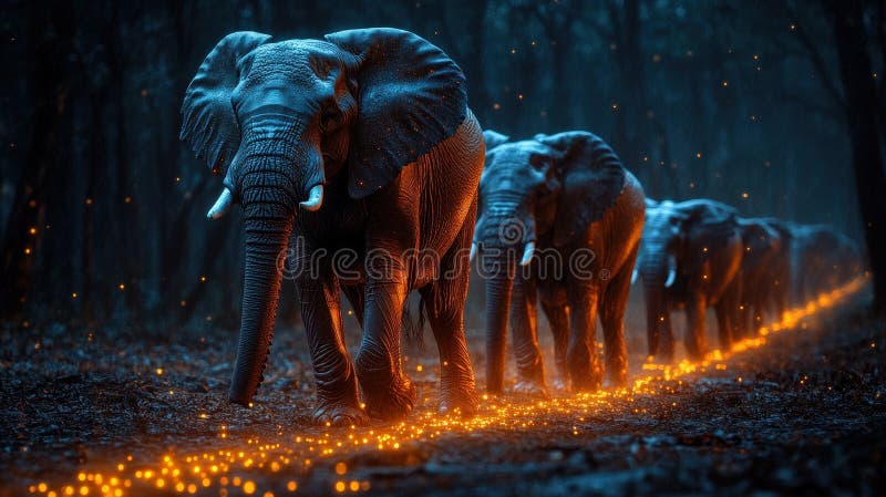 Glowing Elephants on Illuminated Forest Path at Night Stock Photo ...