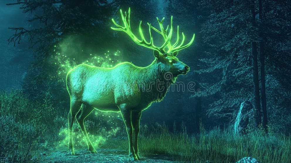Glowing Elk in Enchanted Forest at Night Stock Photo - Image of forest ...