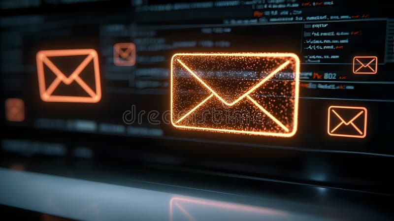 Glowing Email Icons on Dark Background with Code Stock Illustration ...