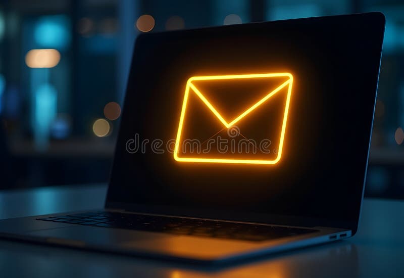 Glowing Email Symbol on Laptop Screen in Dark Office Environment ...