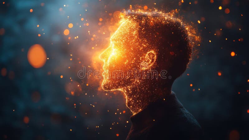 Glowing Ember Man Profile Against Dark Bokeh Background AI-generated ...