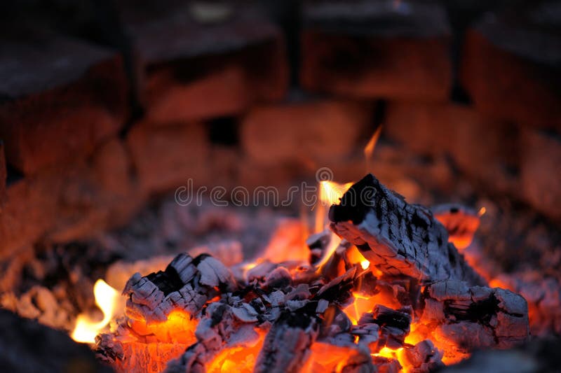 Fading Embers from a Wood Burning Fire at Night. Stock Image - Image of ...