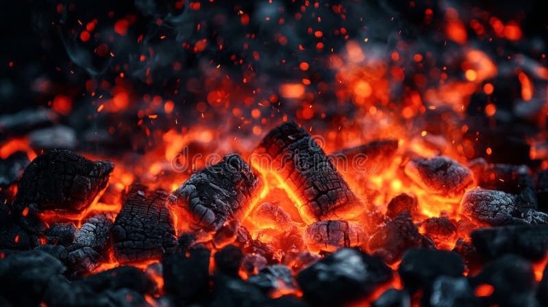 Glowing Embers with Bright Sparks in a Fireplace, Warm and Cozy Setting ...