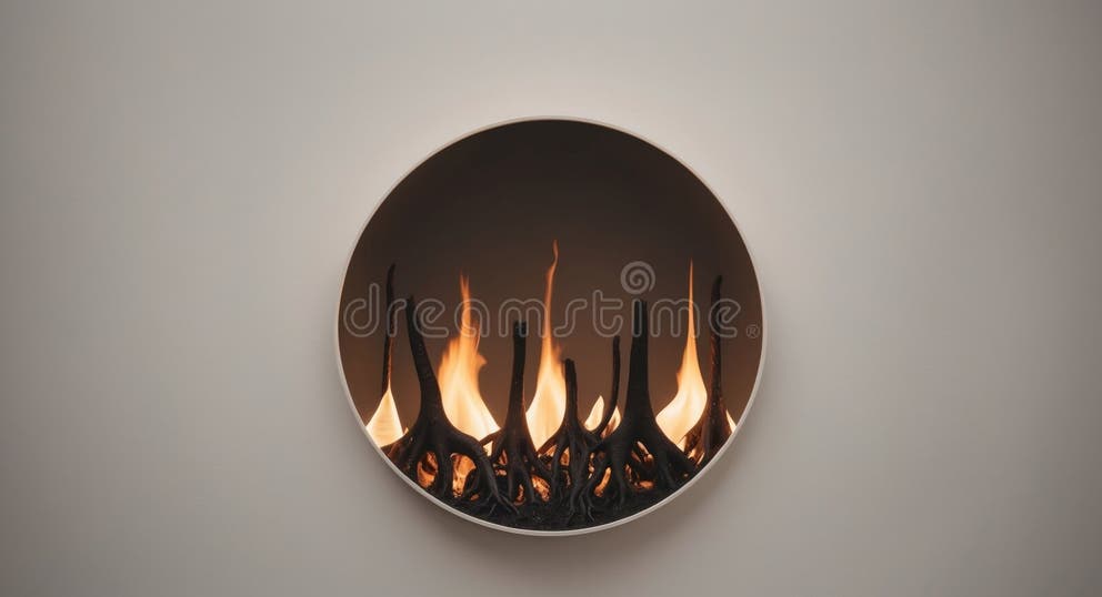 Glowing Embers and Charred Tree Roots Form a Circular Frame. Stock ...