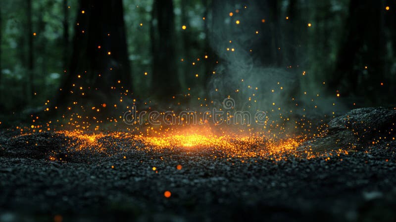 Glowing Embers in Dark Forest at Night Stock Illustration ...