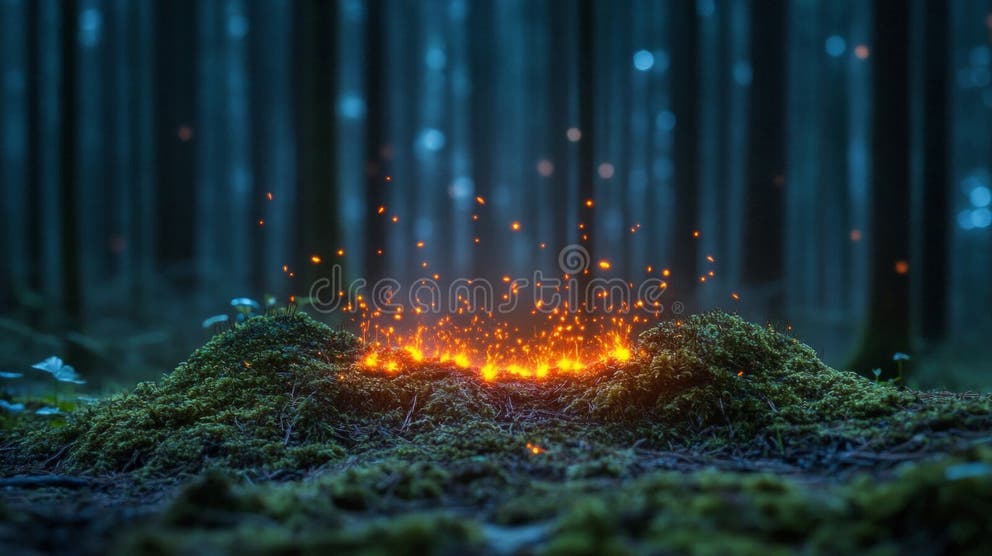 Glowing Embers in a Dark Forest at Night Stock Illustration ...