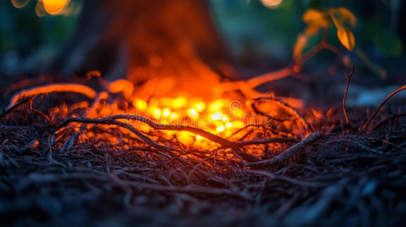 Glowing Embers among Dark Roots at Night Stock Illustration ...