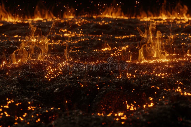 Fiery Embers and Flames Dancing Across a Charred Landscape at Night ...