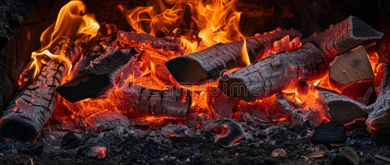 Glowing Embers and Flames in a Wood Fire Stock Illustration ...