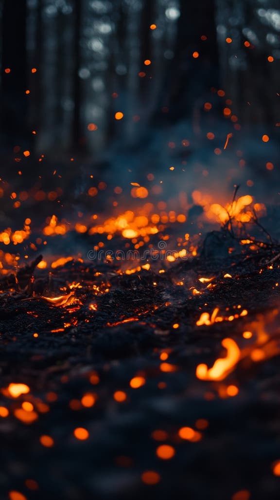 Glowing Embers on Forest Floor at Night Stock Image - Image of embers ...