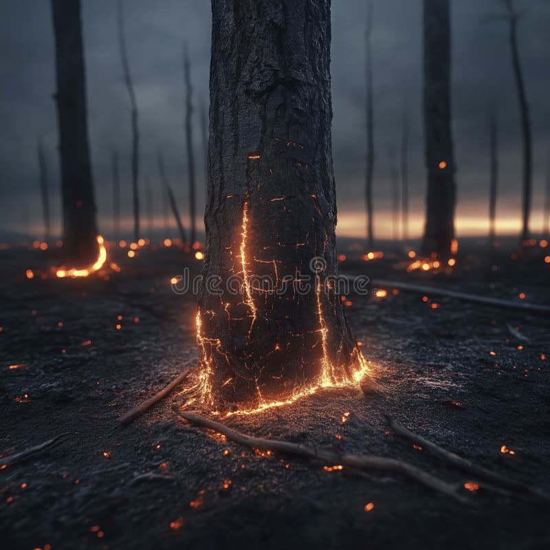 Glowing Embers Surround a Consumed Tree in a Haunting Landscape at ...