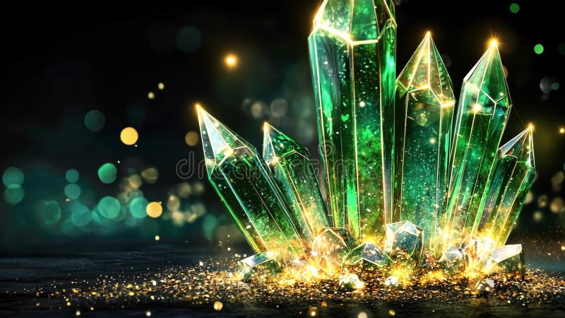 Glowing Emerald Crystals with Sparkling Light Effects in Dark Ambience ...