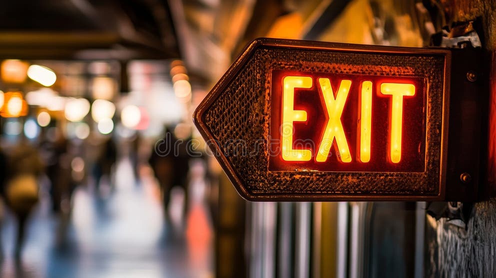 Glowing Emergency Exit Sign in Blurred Hallway, Illuminated Beacon for ...