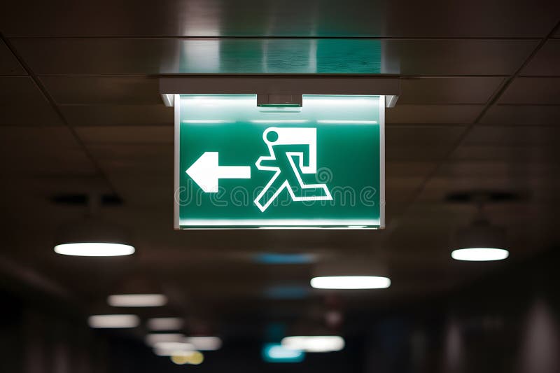 Glowing Emergency Exit Sign with Running Figure and Arrow in Dim ...