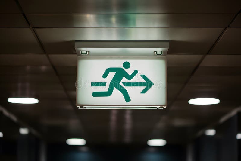 Glowing Emergency Exit Sign with Running Figure and Arrow in Dim ...