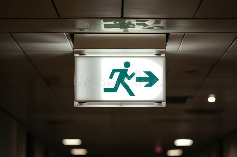 Glowing Emergency Exit Sign with Running Figure and Arrow in Dim ...
