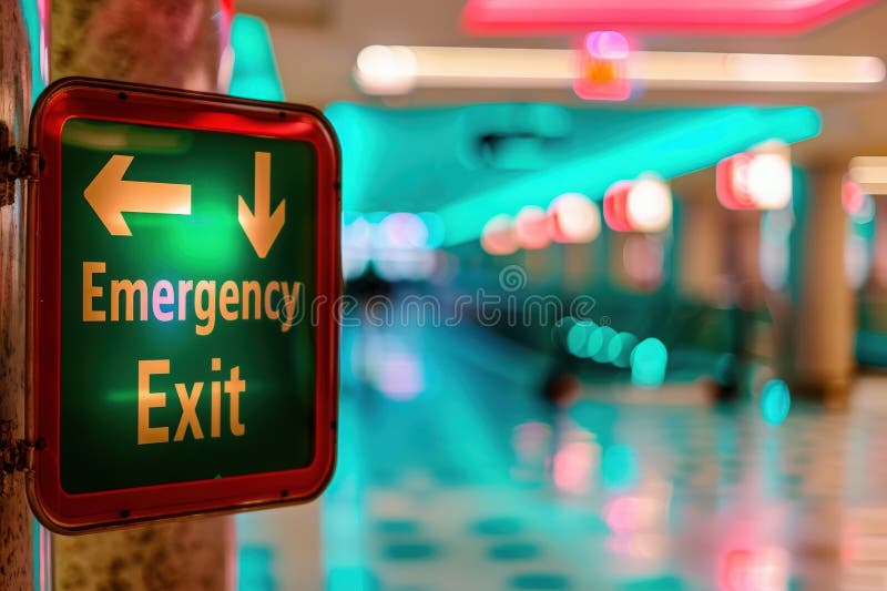 Bright Emergency Exit Sign Illuminated in a Modern Hallway at Dusk ...