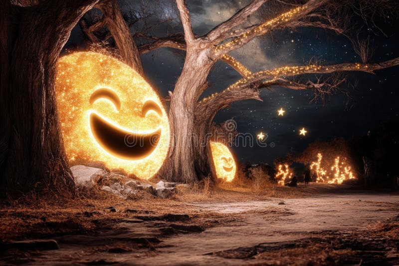Glowing Emoji Faces Under Starry Night Sky with Illuminated Trees Stock ...