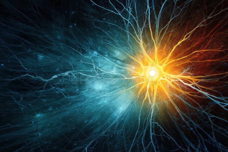 Glowing Energy Source at Center with Neural Tendrils Branching Out ...