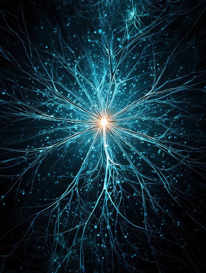 Glowing Energy Source at Center with Vibrant Neural Tendrils Extending ...
