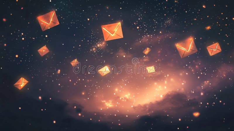 Glowing Envelopes Floating in a Starry Night Sky Stock Illustration ...
