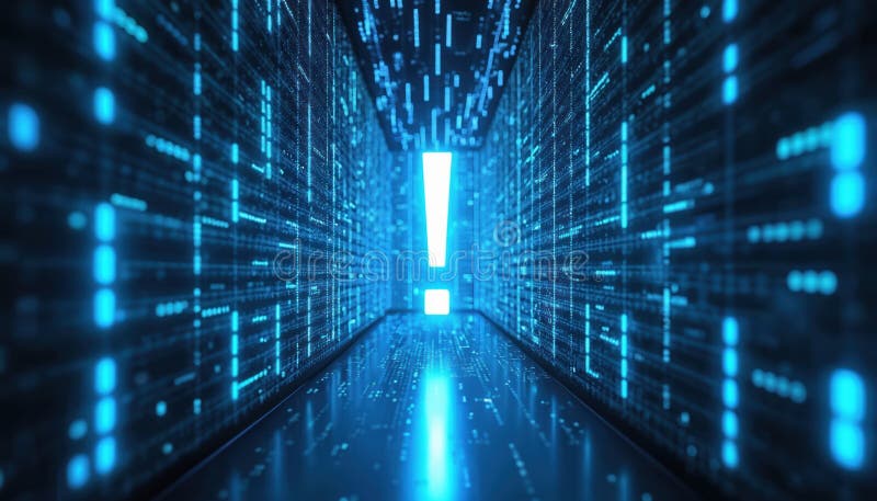 Glowing Exclamation Mark in Digital Tunnel of Blue Binary Code Streams ...