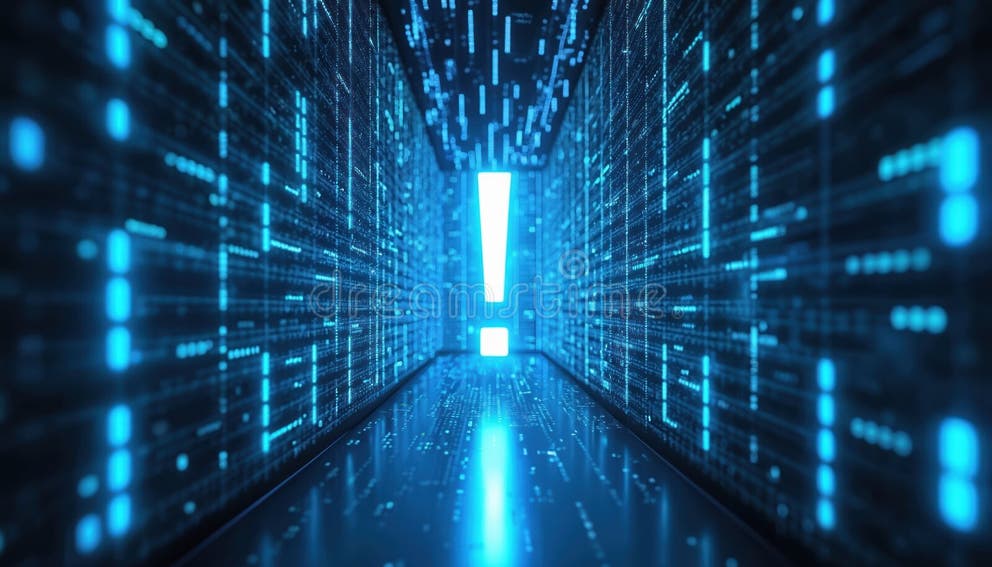 Glowing Exclamation Mark in Digital Tunnel of Blue Binary Code Streams ...