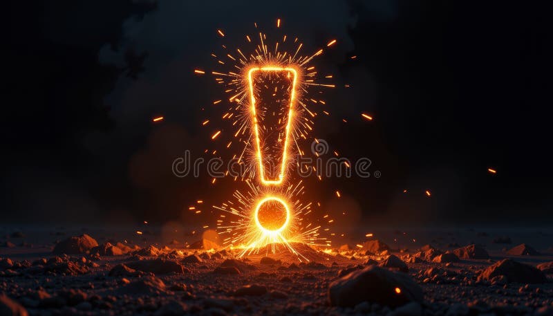 Glowing Exclamation Mark with Sparks Flying on Dark Rocky Surface ...
