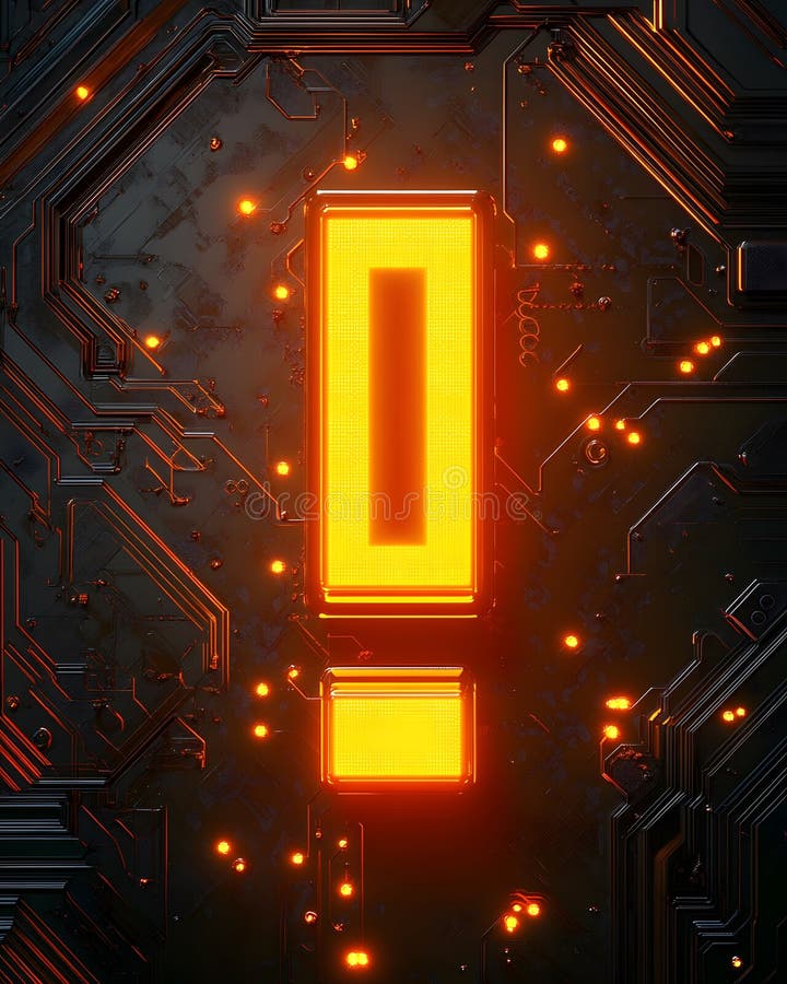 Glowing Exclamation Point on Circuit Board Futuristic Technology ...