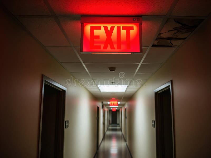Glowing Exit Sign on Ceiling Illuminates Path To Safety in Building ...