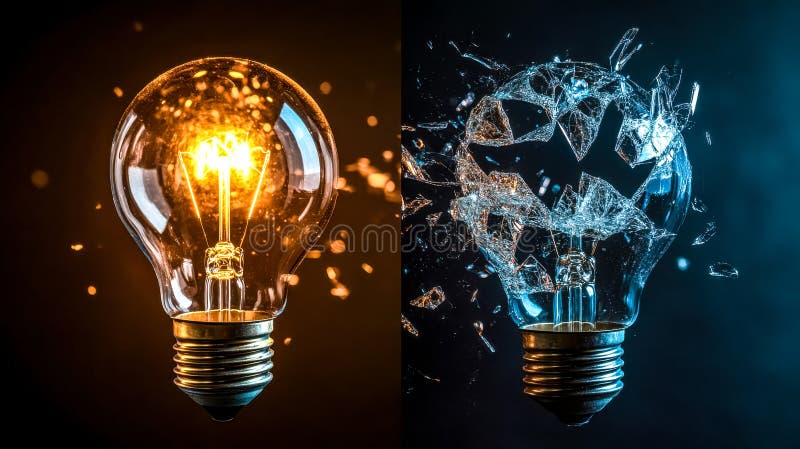 Light Bulb Exploding Versus Glowing Showing Success and Failure Stock ...