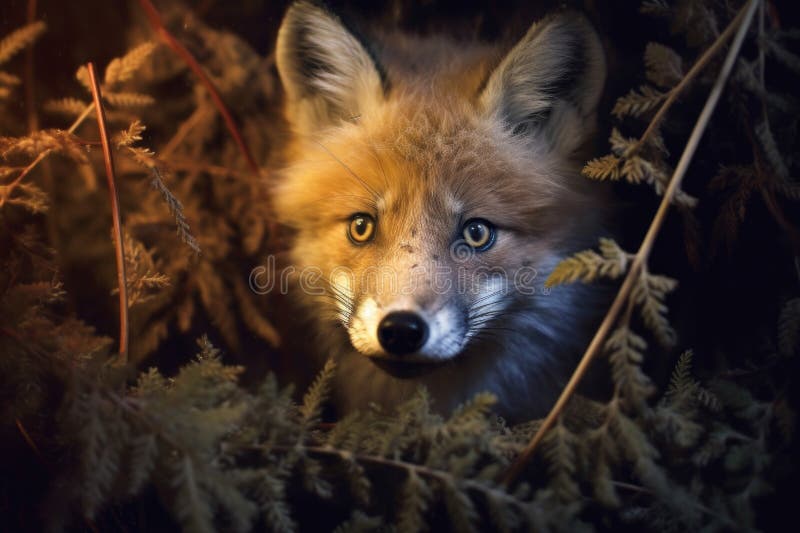 Glowing Eyes of a Fox Hiding in Bushes at Night Stock Illustration ...