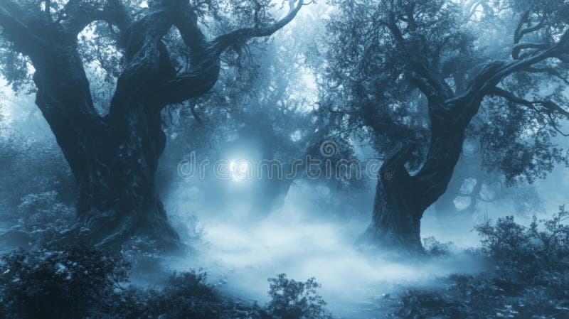 A Glowing Face in a Foggy Forest Stock Illustration - Illustration of ...