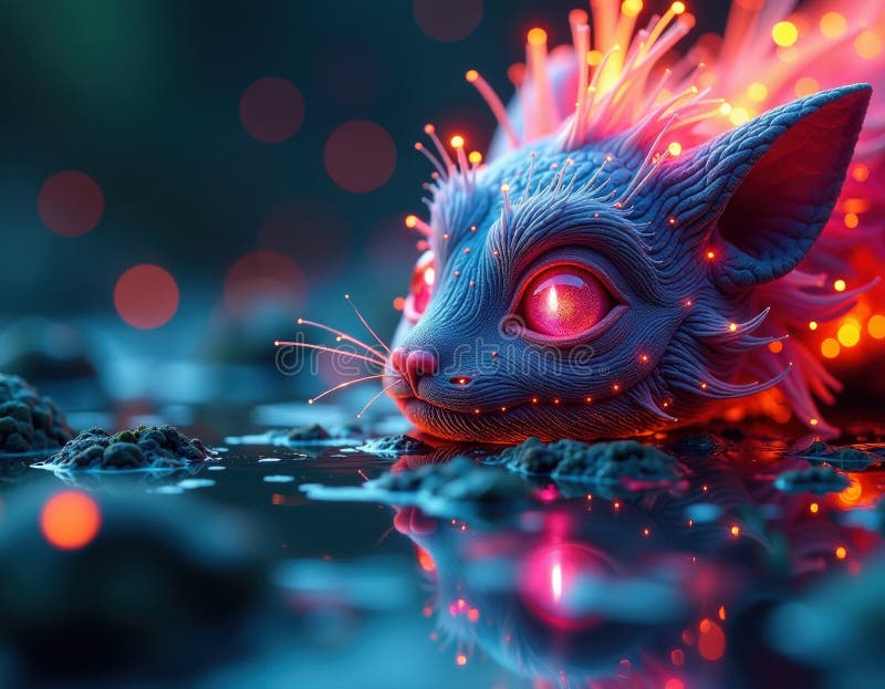Glowing Fantasy Cat in Magical Water Reflection Stock Illustration ...