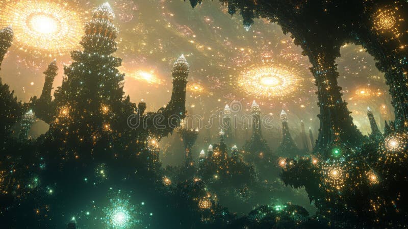 Glowing Fantasy Landscape with Sparkling Structures Stock Illustration ...