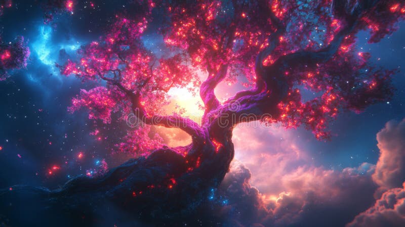 Glowing Fantasy Tree in a Cosmic Night Sky Stock Illustration ...